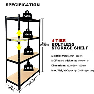 Vandise Shelves Storage Shelves 4 Tier Adjustable Garage Kitchen Storage Shelving, Heavy Duty Metal Storage Utility Rack Shelf Unit for Warehouse Pantry Closet Kitchen, 28" x 12" x 59", Black