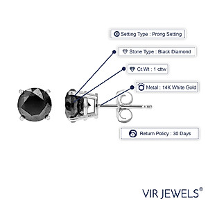 Vir Jewels 1 cttw Black Diamond Stud Earrings 14K White Gold Round Push Backs 4 Prong Basket