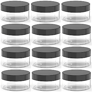 2oz Plastic Cosmetic Jars Leak Proof Clear Container with Black Lid for Cream, Lotion, Powder, ointment, Beauty Products etc, 12 Pcs.