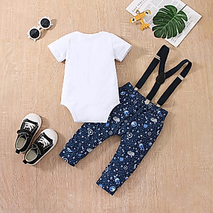 vivifayee Baby Boy One 1st Birthday Outfits Space First Birthday Boy Clothes Set Short Sleeve Bow Tie Romper Long Pants Set Suspenders