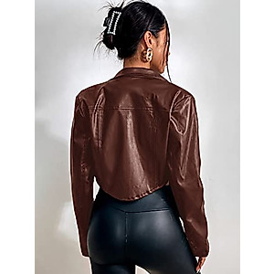 SweatyRocks Women's PU Leather Cropped Coat Casual Button Front Jacket with Bust Pocket Solid Brown M