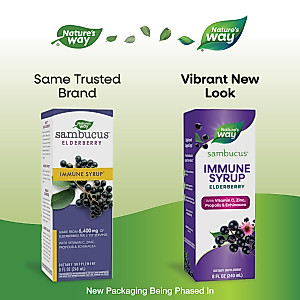 Nature's Way Sambucus Elderberry Immune Syrup, Daily Immune Support*, Black Elderberry Extract, Vitamin C, Zinc, Echinacea, Propolis, 8 Fl Oz (Packaging May Vary)