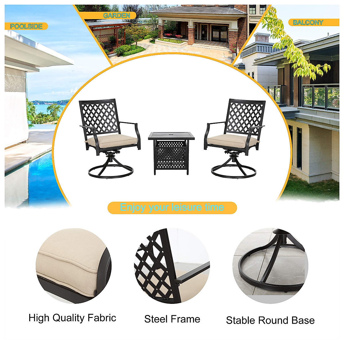 LOKATSE HOME 3 Pieces Patio Swivel Set Outdoor Metal Steel Furniture with 2 Dinning Chairs and Umbrella Side Square Table, Beige