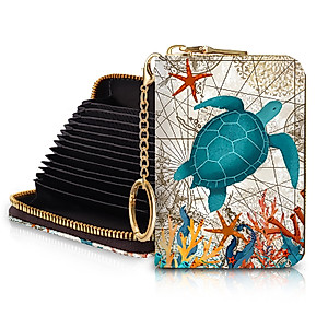 Blusabaca RFID Credit Card Holder Wallets for Women, Small Card Case Wallet with Keychain and Zipper, Leather Card Holder Sea Turtle Pocket Business Card Accordion Wallet