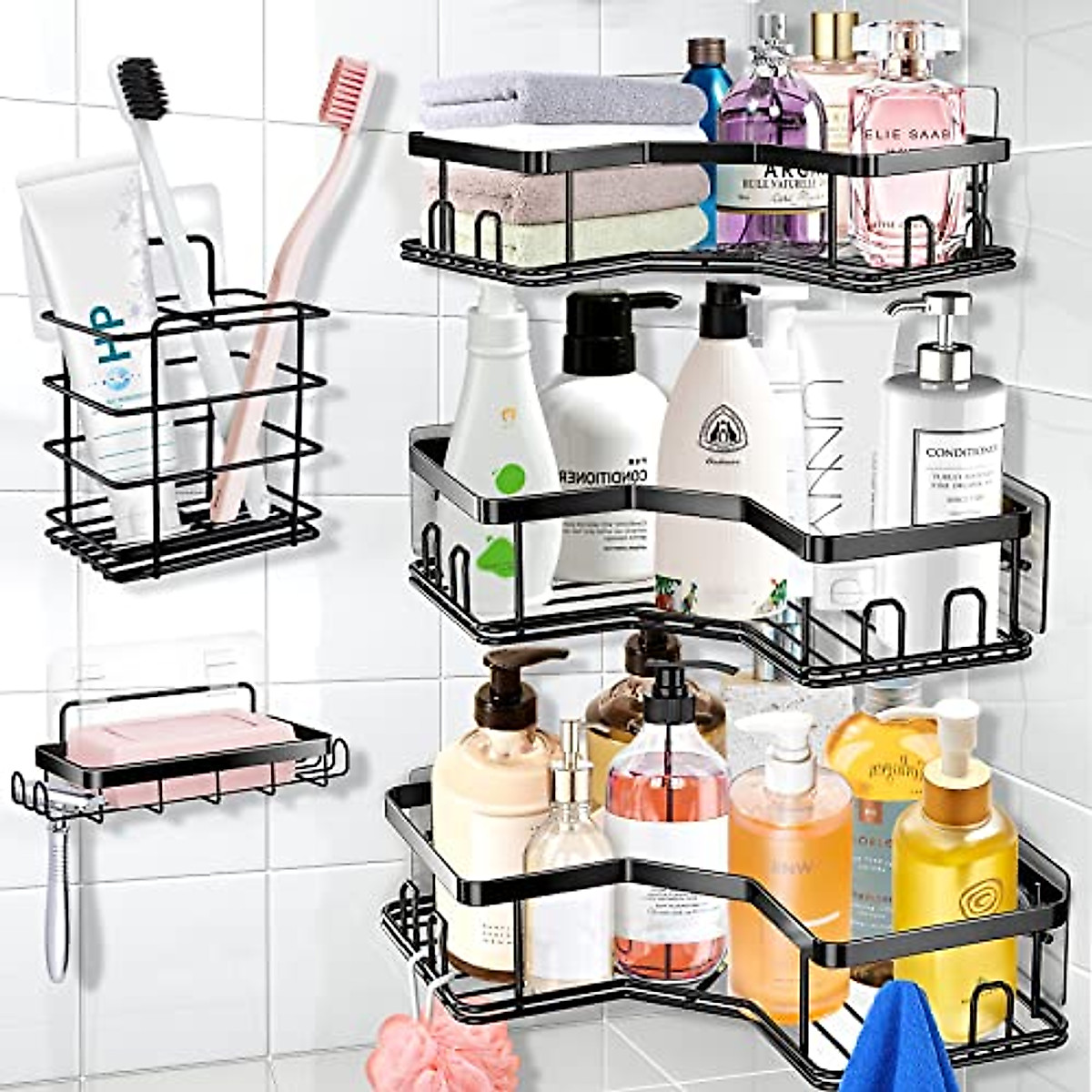Wiqeerilly Corner Shower Caddy, Adhesive Bathroom Shower Organizer with 22 Hooks, 304 Stainless Steel Rustproof Shower Shelf for Inside Shower & Kitchen Storage - 5 Pack (Matte Black)
