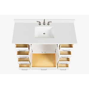 ARIEL Cambridge 55" White Bathroom Vanity with Sink, 1.5" Edge Pure White Quartz Countertop & Backsplash, Center Rectangular Sink, 2 Soft Closing Doors, 9 Full Extension Dovetail Drawers