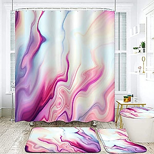 DDQQ 4Pcs Marble Shower Curtain Sets with Rugs Purple Bathroom Sets Marble Decor Bathroom Curtains Shower Set Toilet Lid Cover and Bath Mat, Marble Shower Curtain with 12 Hooks
