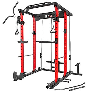 Major Fitness Power Cage, PLM03 All-in-One 1400lbs Multi-Function Power Rack with Adjustable Cable Crossover System and Exercise Machine Attachment(Red)