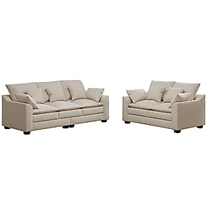 Dolonm Living Room Sectional Sofa Set, Modern Loveseat and Sofa with Double Layers Uphlostered Cushion and Sturdy Wooden Legs, Comfy 2 Pieces Home Sofa Set Living Room Beige Fluffy Couch