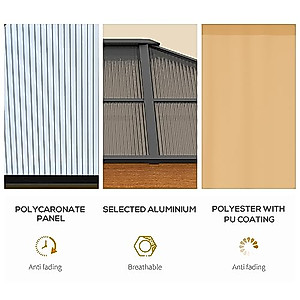 Outsunny 10' x 12' Hardtop Gazebo Canopy with Polycarbonate Roof, Aluminum Frame, Permanent Pavilion Outdoor Gazebo with Netting, for Patio, Garden, Backyard, Deck, Lawn, Khaki
