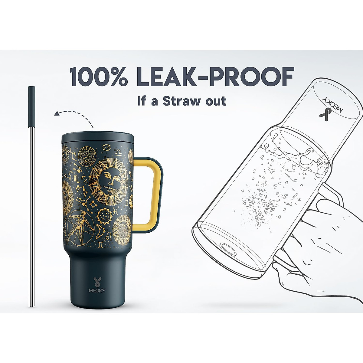 Meoky 40 oz Tumbler with Handle and Straw, Tumbler with Lid and Straw, Insulated Stainless Steel Travel Mug, 100% Leak-proof, Keeps Cold for 34 Hours or Hot for 10 Hours (Tarot)
