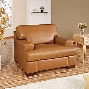 Naomi Home Siggy Genuine Leather Sofa for Living Room, Bedroom - Chair, Sofa - Luxurious Comfort, Goose Feather Cushion Filling, Square Arm Design, Sturdy Block Legs, Elegant, Tan