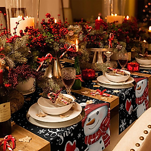 Black Snowman Christmas Table Runner 60 Inches Long, Xmas Winter Snowflake Farmhouse Dress Scarves, Classic Black Dining Tablerunner for Coffee Table/Kitchen Island/Party Christmas Décor, 13" x 60"