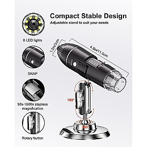 Digital Microscope Camera, Aopick Handheld USB 1440P HD Inspection Camera 50x-1600x Magnification Portable Handheld Pocket Microscopes with 8 LED & Stand, Compatible with iPhone, Android