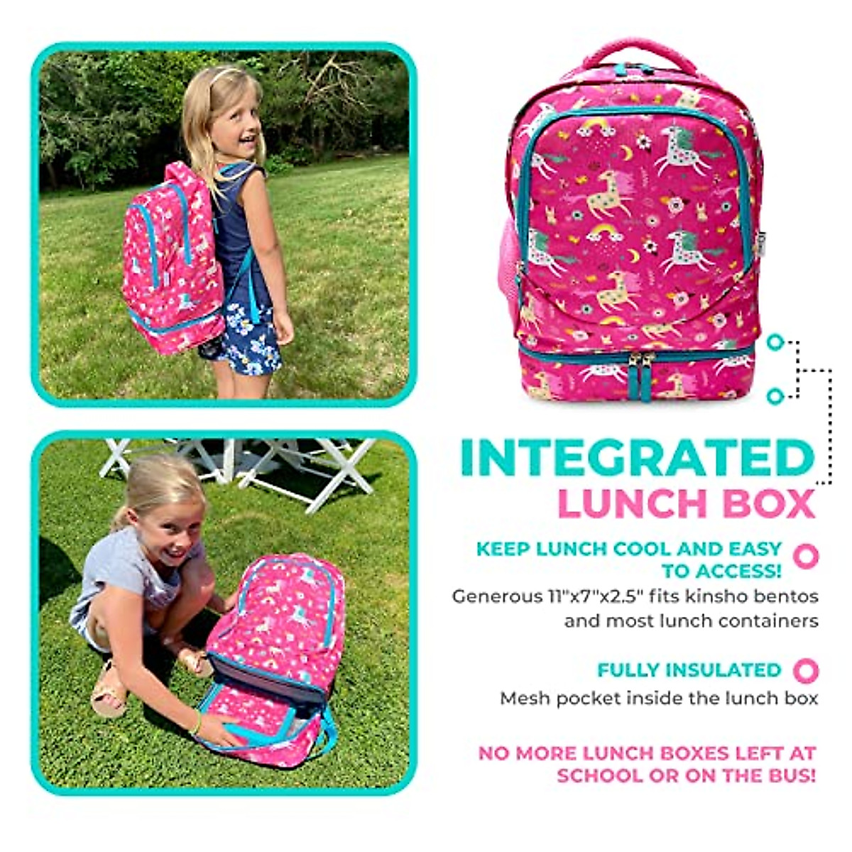 Unicorn Backpack with Lunch Box for Girls, Cute 15” Girl Backpacks and Integrated Lunch Bag with Water Bottle Pocket Holder, Insulated Padded Travel Bags Boxes for Elementary School Kids, Pink Teal