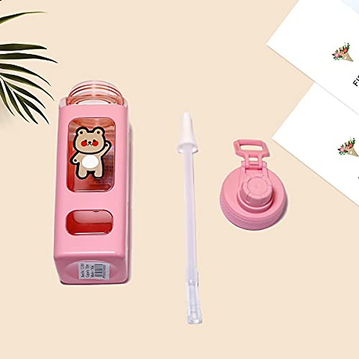 PEXIZUAN Kawaii Bear Water Bottle With Straw Sport Plastic Portable Square Drinking Bottle For Girl Cute Juice Tea Water Cups 700ml(Pink,700ml)