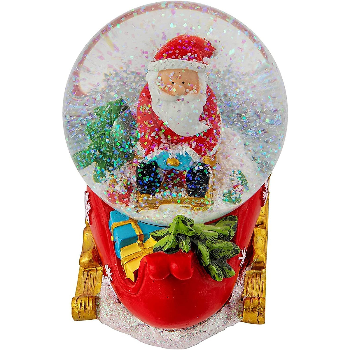 Celebright Christmas Musical Snow Globe - Plays 8 Songs Including Jingle Bells & Lights Up with Changing LED Colours - Large 14cm (Santa on a Sleigh Base)