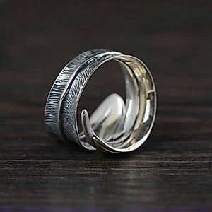 Two Tone 925 Sterling Silver Feather Ring with Golden Butterfly Leaf for Women Men Open Adjustable