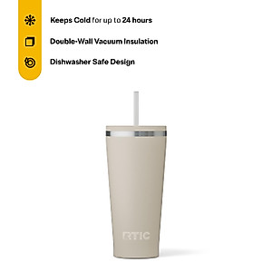 RTIC 20oz Everyday Tumbler Insulated Stainless Steel Portable Travel Coffee Cup with Straw, Spill-Resistant Lid, BPA-Free, Hot and Cold Drink, Ceramic Lining, Beach