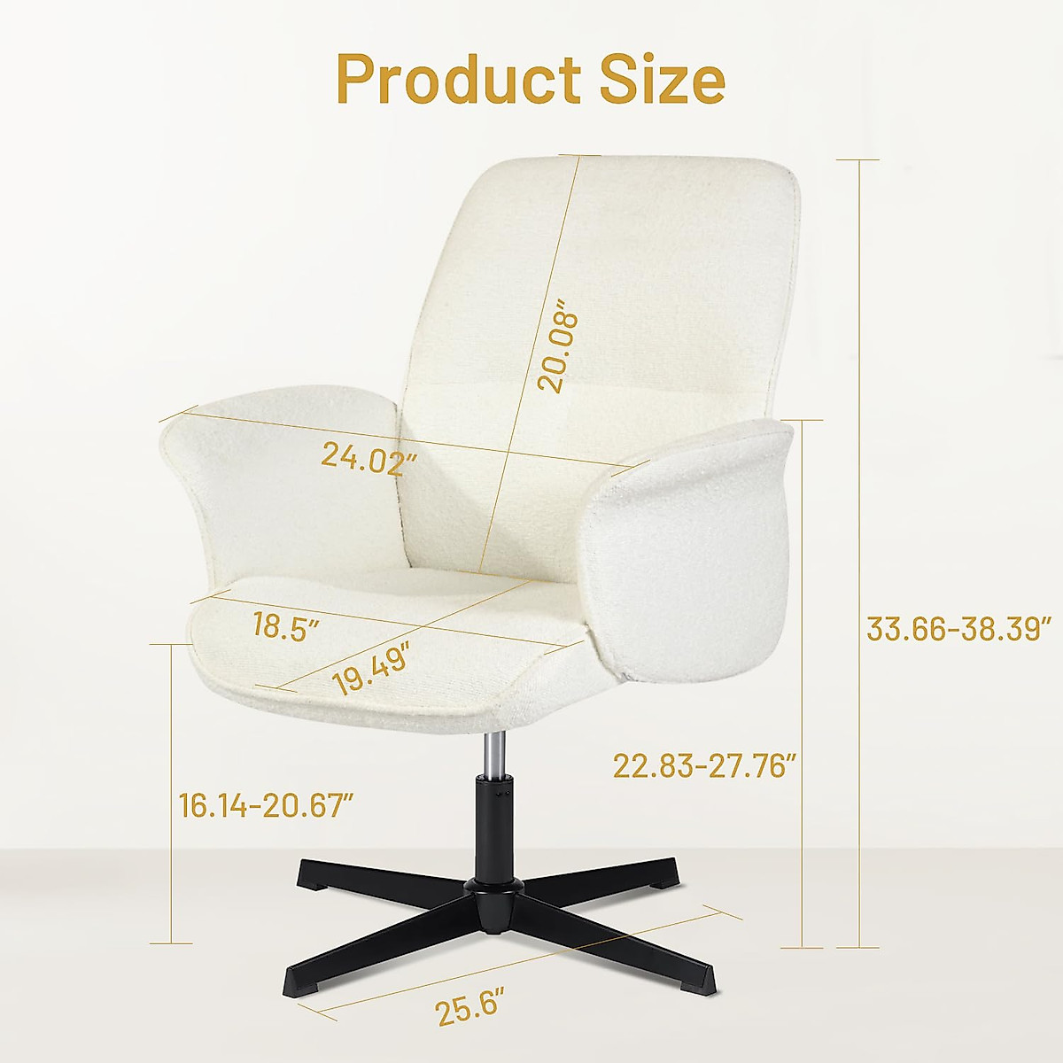 Home Office Chair, Upholstered Linen Fabric Padded Mid Back Accent Chair, Computer Desk Chairs Ergonomic No Wheels Stylish Swivel Adjustable Vanity Chair with Armrests, Beige