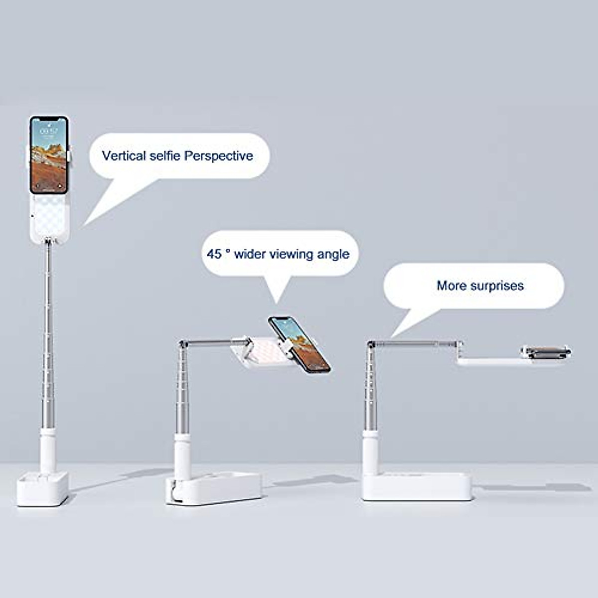 Bibabala Phone Stand for Video Recording Extendable Selfie Stand 360° Rotation with Phone Holder Foldable 7 Brightness LED Light for Live Streaming Photography Reading(White)