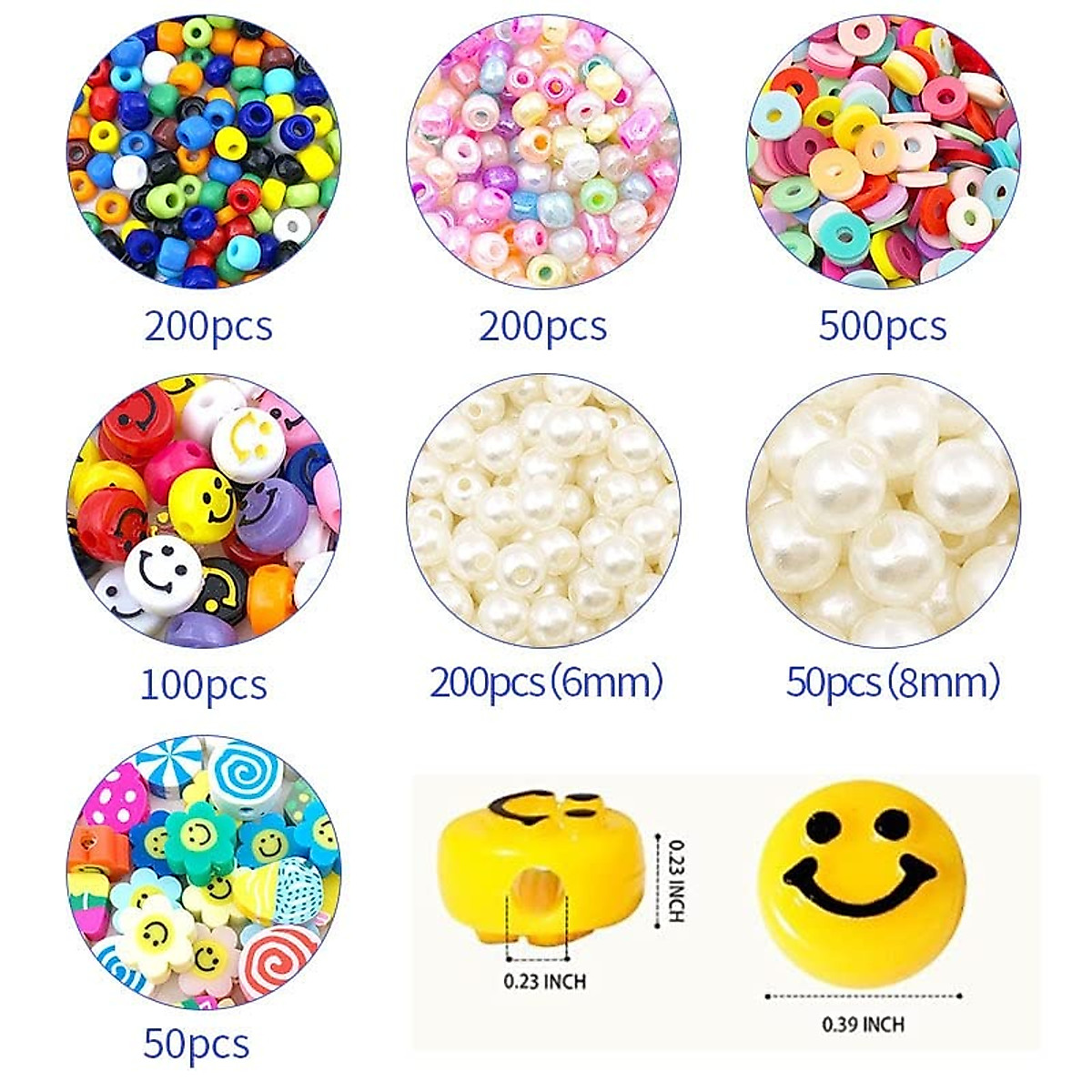 Dunsi 1300pcs Spacer Beads Set Colorful Beads Smiley Face Beads Peal Beads Flat Round Polymer Clay Beads for Necklace Bracelets Making