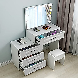 saicheng White Dressing Table Set,Modern Makeup Dressing Table with Large Lighted Mirror 10 Bulbs and 4 Storage Drawers,Dresser Desk with Cushioned Stool for Bedroom
