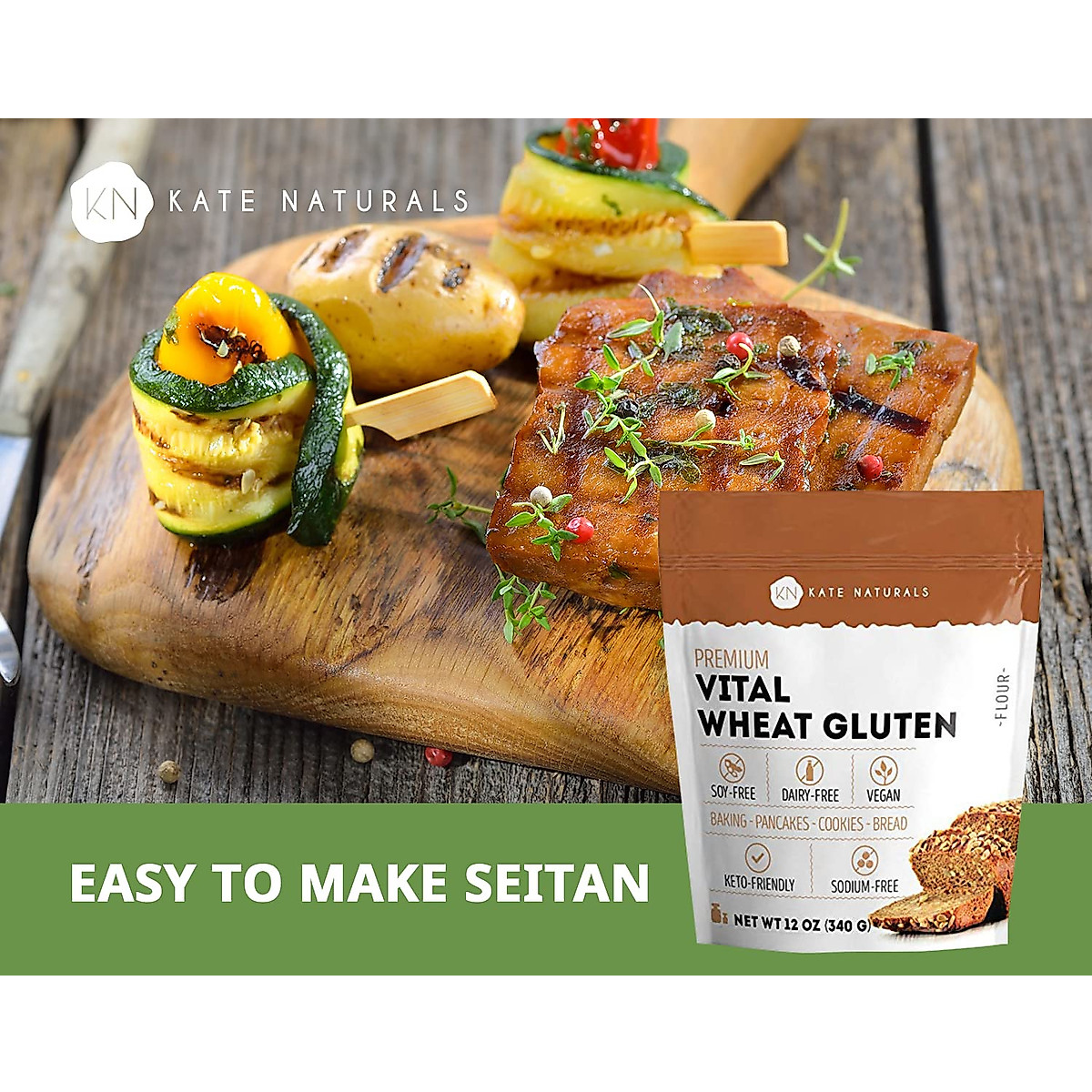 Kate Naturals Vital Wheat Gluten for Bread Making, Baking & Seitan (12oz). Natural Powder for Bread Machine. Non-GMO, High Protein Flour, Low Carb Bread for Vegan Gluten & Keto