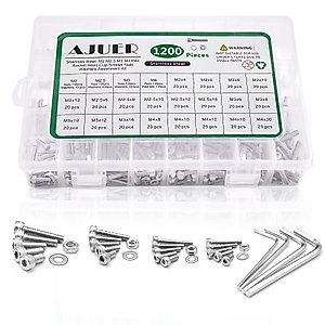 AJUER 1200pcs M2/M2.5/M3/M4 hex Socket Head Cap Screws Bolts Nuts Washers Assortment Kit, 304 Stainless Steel Metric Screw Set, Small Bolts and Nuts Kit