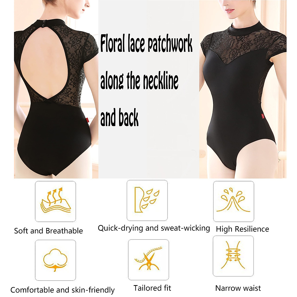 UTOWO Ballet Leotards for Women Black-Lace Short-Sleeve Dance Gymnastics Yoga Leotards with Elegant Swan collar (Small, Black)