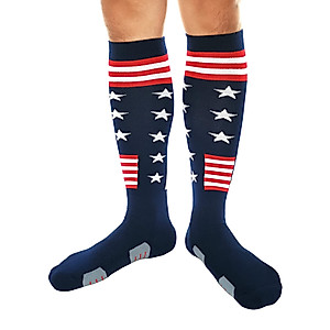 BUENWAZ Knee High American Flag Baseball Socks for Men Athletic Cushioned Patriotic Over the Calf Socks for Softball Football Soccer (Stars & Stripes)