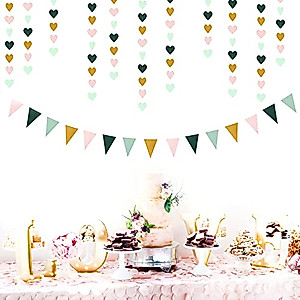 Sage-green Mint Pink-Gold Love-Heart Garland - 52Ft Rustic Wedding Hanging Decoration Streamers Banner,Valentines Mothers Day Bachelorette Bridal Shower Engagement Party Bunting Lasting Surprise