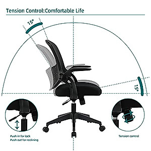 Home Office Chair, Ergonomic Desk Chair Adjustable Height Mesh Mid Back Computer Chair with Flip Up Armrests and Lumbar Support Swivel Task Chair