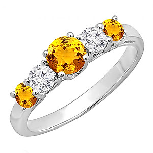 Dazzlingrock Collection 3.8mm Alternating Round Citrine & White Diamond Five Stone Style Anniversary Wedding Band for Women in 14K White Gold, Size 10