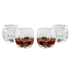 Etched Globe DOF 10 Oz Whisky Glasses, Old-Fashioned Liquor Glassware, Set of 4