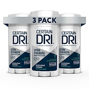 Certain Dri Extra Strength Clinical Antiperspirant Solid Deodorant, Hyperhidrosis Treatment for Men & Women, Long-Lasting 72hr Protection, Effective Sweat Control, Powder Fresh Scent, 1.7oz, 3 Pack