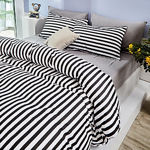 KAREVER White Black Stripes Duvet Cover Set Twin Cotton Striped Bedding Set Black White Vertical Striped Duvet Covers for Single Bed Twin White Black Striped Duvet Cover