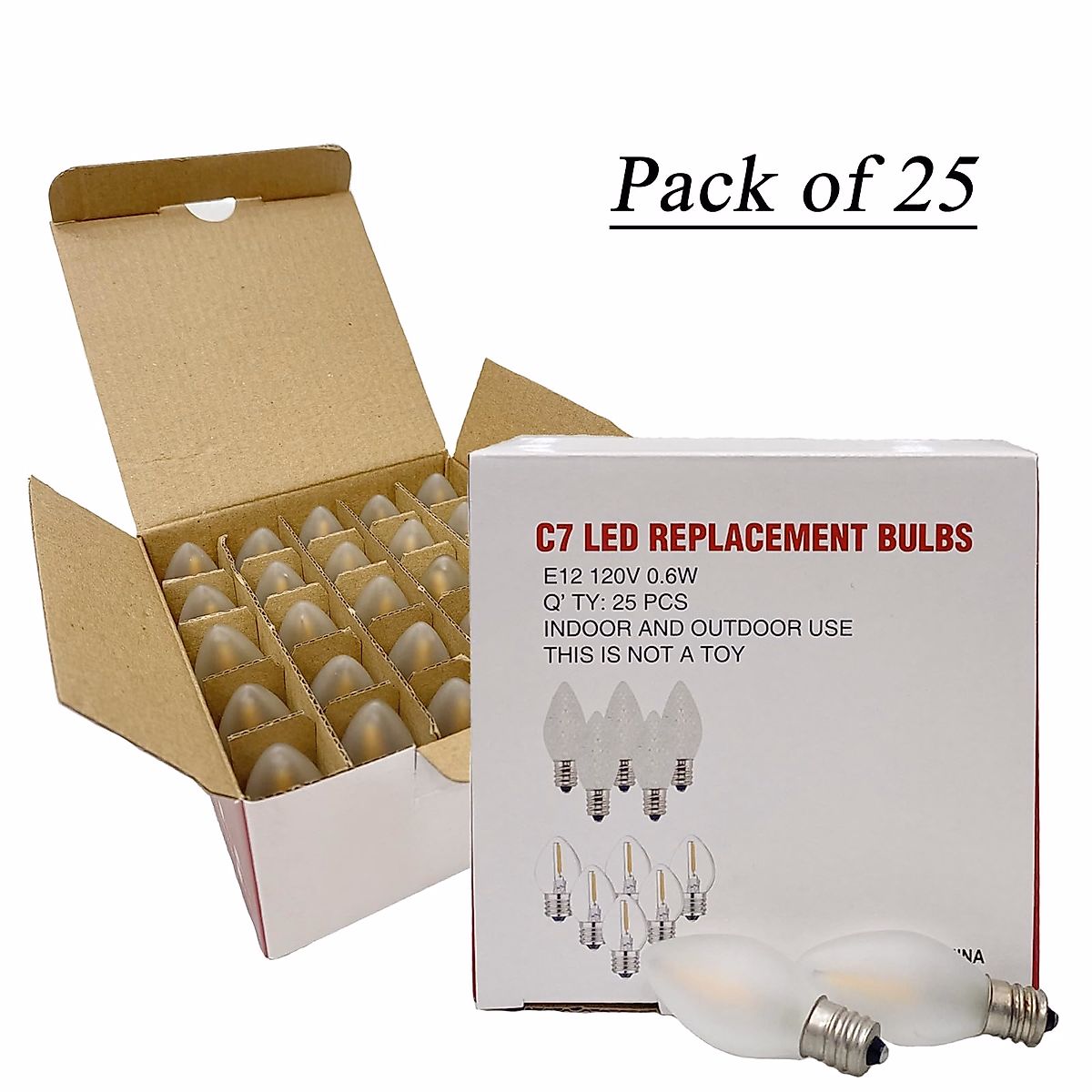 SUNSGNE C7 LED Christmas Night Light Bulbs, 0.6 Watt LED Frosted Replacement Bulbs fits E12 Candelabra Base Socket, Small Light Bulb for Indoor Outdoor Decor, Frosted White, 25 Pack