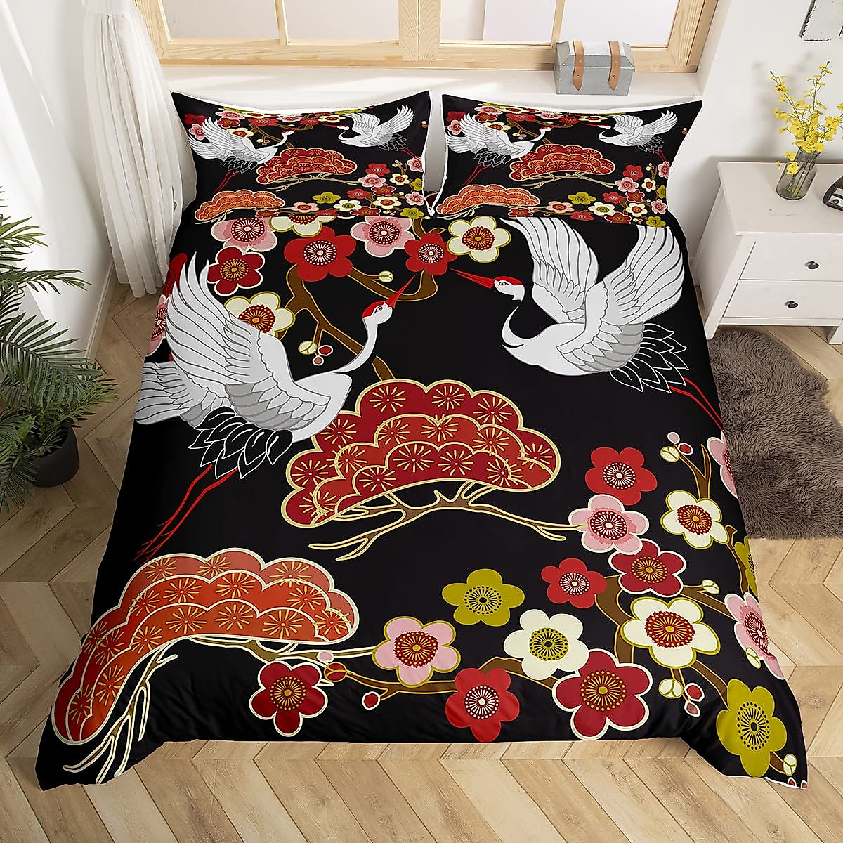 Erosebridal Japanese Ukiyoe Duvet Cover Cherry Blossom Bedding Sets King White Crane Bird Comforter Cover Animal and Botanical Theme Bedding, Microfiber Breathable Quilt Cover Black