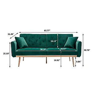 SZLIZCCC 63" Accent Sofa, Mid Century Modern Velvet Fabric Couch， Convertible Futon Sofa Bed ，Recliner Couch Accent Sofa Loveseat Sofa with Gold Metal Feet (Green)