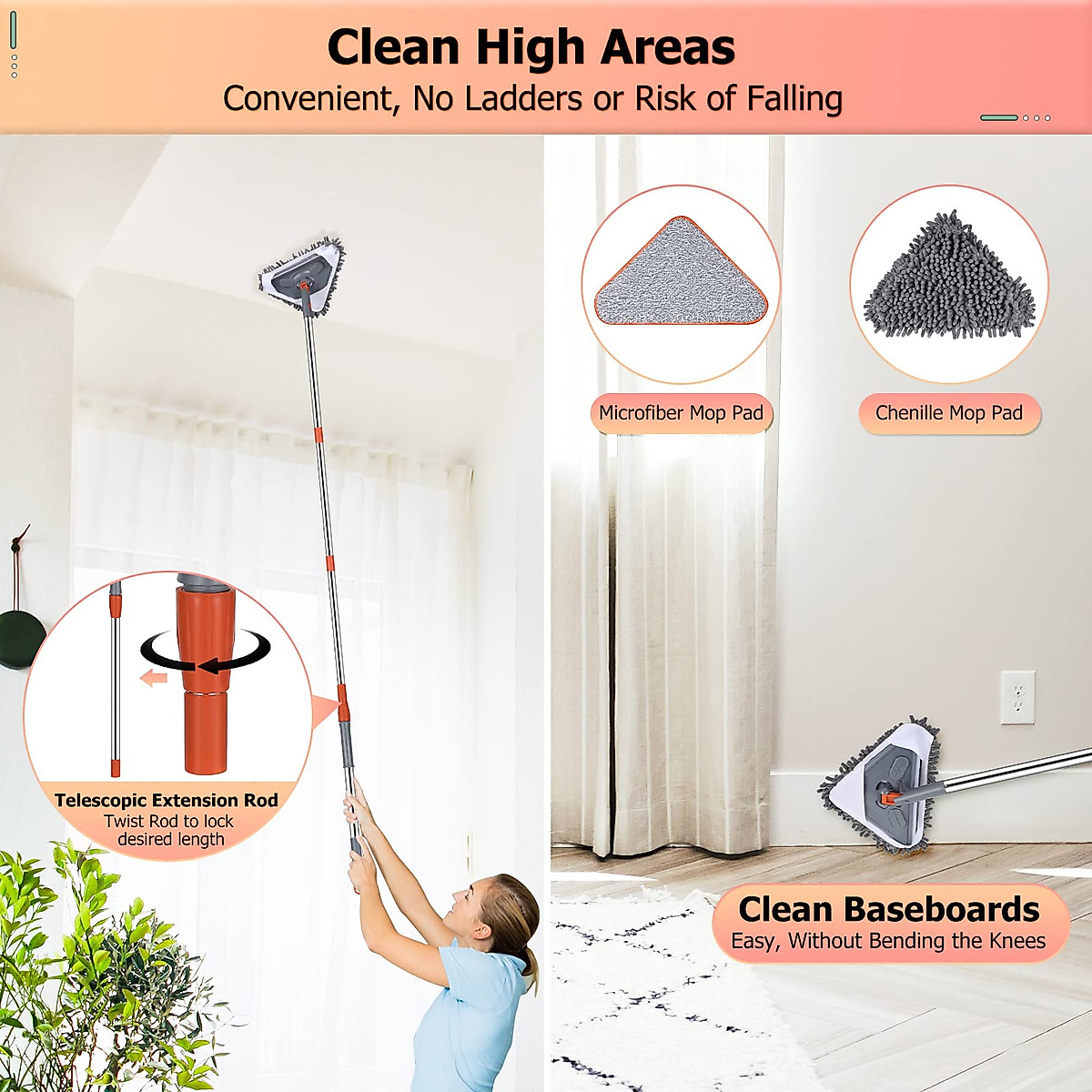 Wall Cleaner 98 Inch Wall Cleaner with Long Handle,HoMerit Wall Cleaner Mop 360° Rotatable Adjustable Cleaning Mop,Ceiling Dust Mop,Wall Cleaning Tool for Walls/Baseboard/Floors,6 Replacement Pads