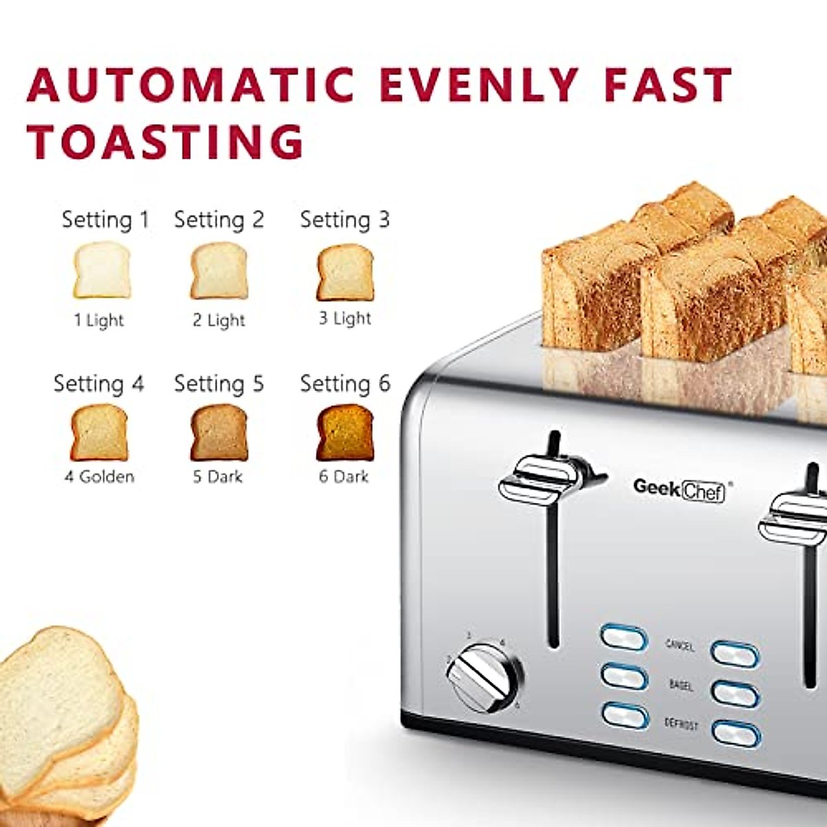 Geek Chef 4 Slice toaster, Best Rated Prime Retro Bagel Toaster with 6 Bread Shade Settings, 4 Extra Wide Slots, Defrost/Bagel/Cancel Function, Removable Crumb Tray, Stainless Steel Toaster (4 slice stainless steel （classic）)