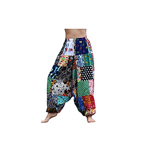 PEACH PEBBLE Women's Harem Pants 100% Cotton, Bohemian Yoga Boho Hippie Aladdin Colorful Patchwork Harem Pants, Soft Cotton Casual Fashion Women