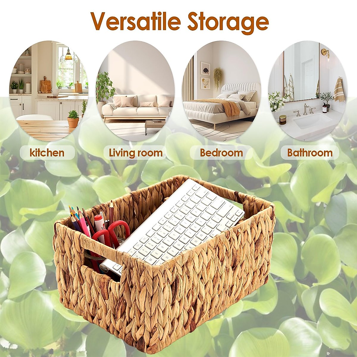 ROSOS Wicker Baskets 2 Pack, Water Hyacinth Wicker Storage Basket with Handles, Large Wicker Baskets for Storage, Wicker Baskets for Organizing, Large Rectangular Wicker Basket, Natural
