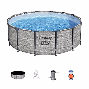 Bestway Steel Pro MAX 14 Foot x 48 Inch Round Metal Frame Above Ground Outdoor Swimming Pool Set with 1,000 Filter Pump, Ladder, and Cover, Gray