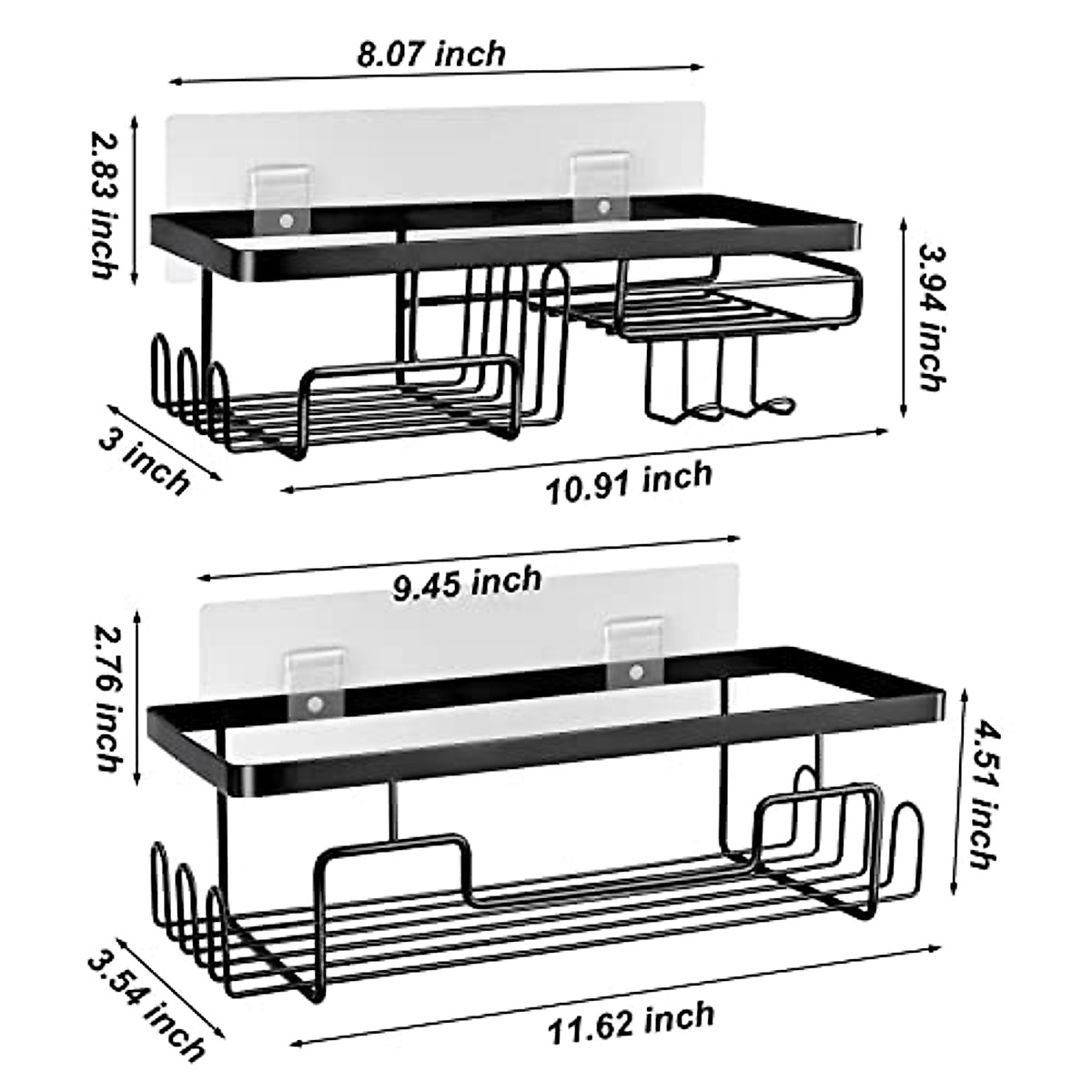 Shower Caddy 2 Pack with Soap Holder, Adhesive Shower Caddy Shelf with 11 Hooks, Wall Mounted Bathroom Shower 0rganizer Stainless Steel No Drilling Black Shower Rack Basket for Inside Shower, Kitchen
