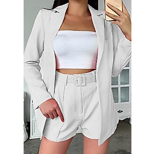 HuiSiFang Women's 2 Piece Outfit Open Front Blazer and High Waisted Skinny Short Pant Casual Tops & Bottoms Set B-white