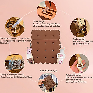JGMLZK Cute Water Bottles with Straws, Creative Kawaii Biscuit Shaped Plastic Leakproof Juice Drinking Cup with Adjustable Shoulder Strap for School Outdoor Camping Sports BPA free(Coffee color)