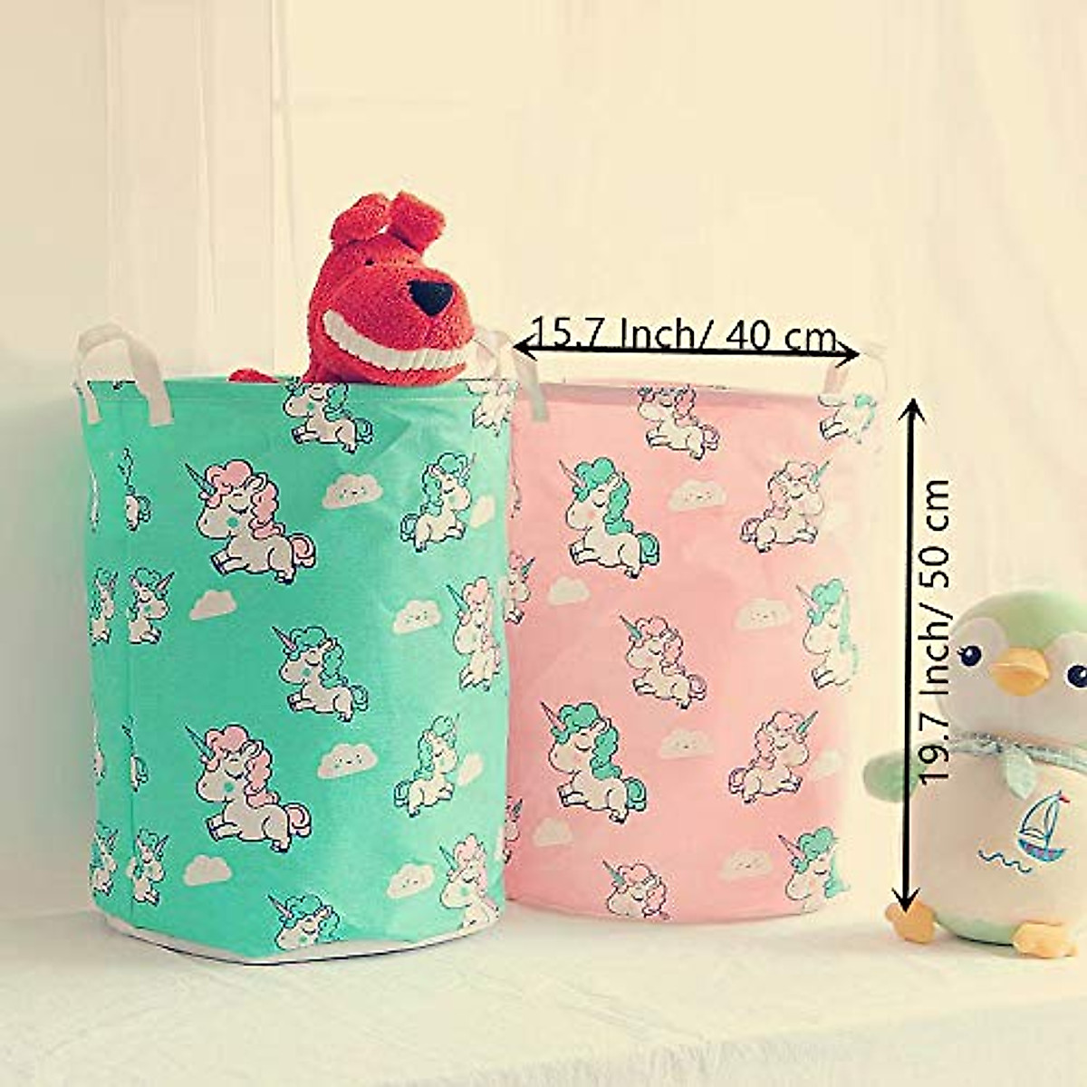 Unibedding 2 Pack Canvas Storage Baskets Large Unicorn Storage Hampers for Girls Kids Room Baby Nursery Collapsible Convenient Home Organizer Containers, Pink Teal Blue