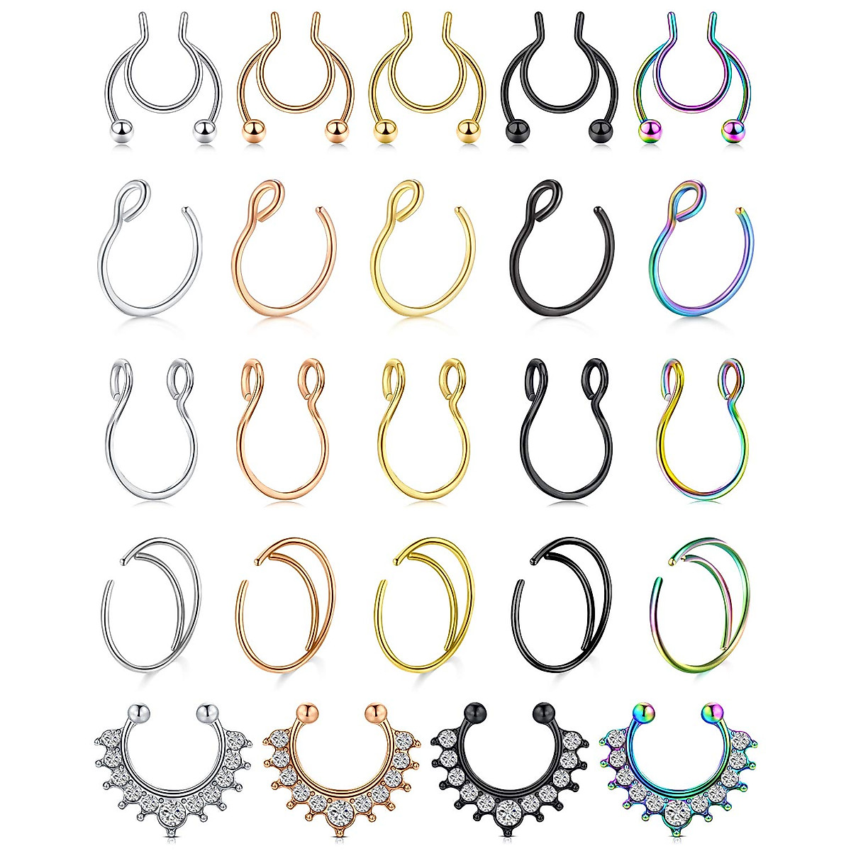 D.Bella Fake Septum Faux Nose Rings Hoop Stainless Steel Faux Lip Ear Nose Septum Ring Non Piercing Clip On Nose Hoop Rings Body Piercing Jewelry